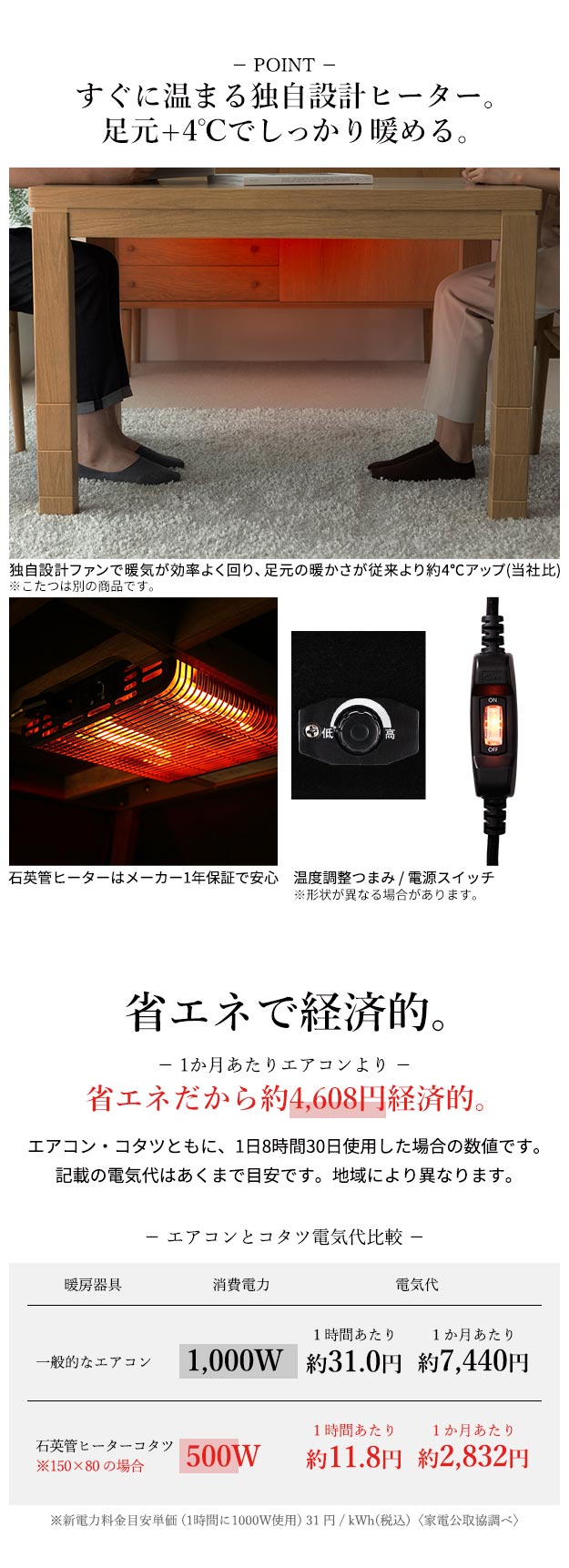 メーカー直送 パワフルヒーター 高さ調節機能付き ダイニングこたつ