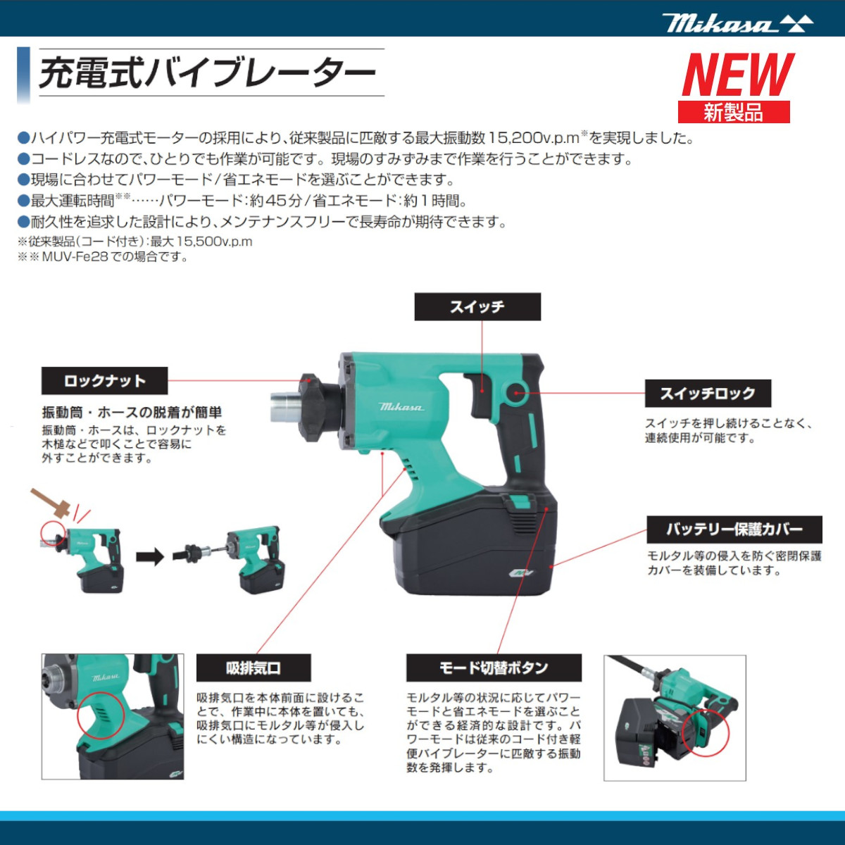 三笠産業 バイブレーター MUV-Fe32 1.0m MUV-Fe32M Φ32 充電式 バッテリー ハイパワー コードレス 充電式 ...