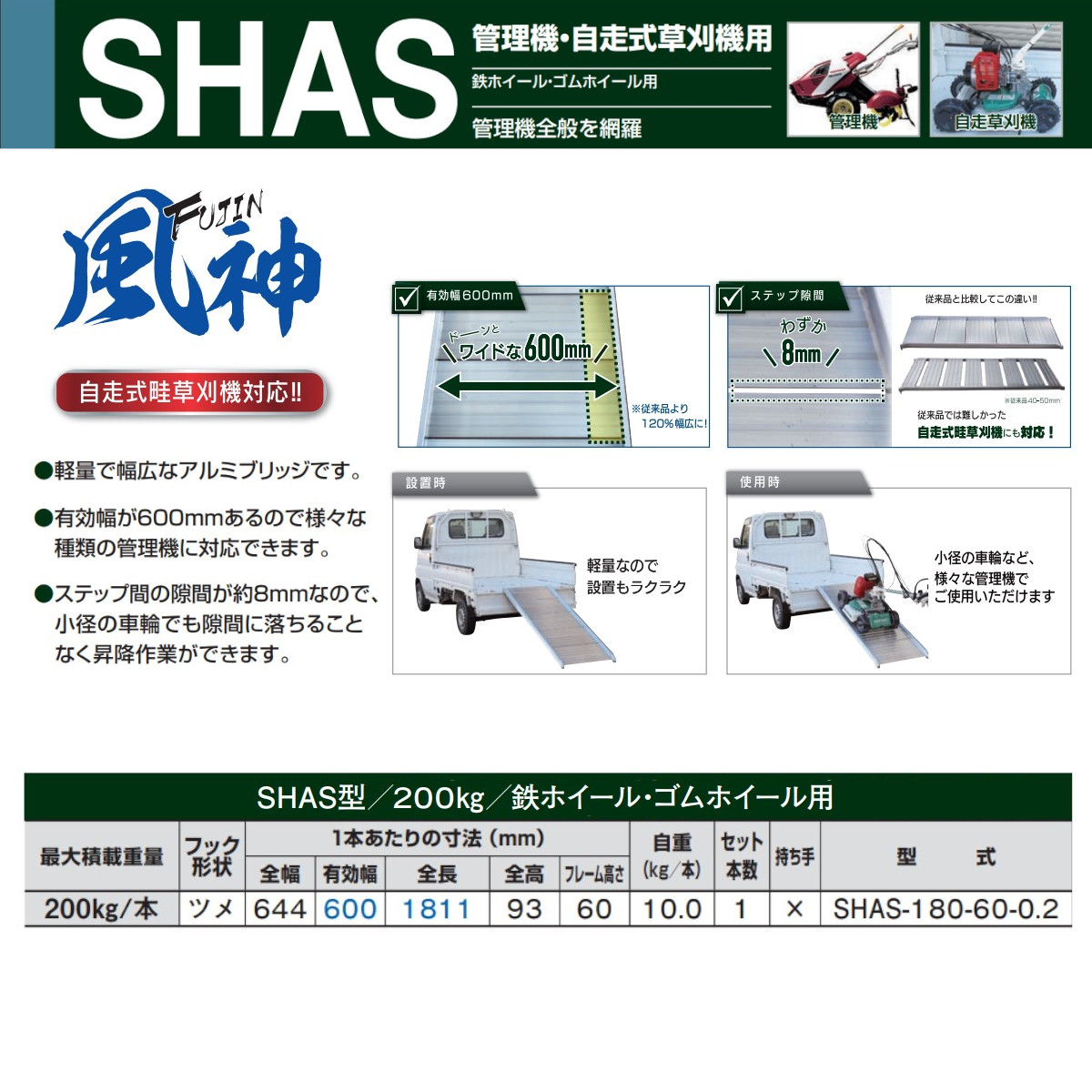 昭和ブリッジ アルミブリッジ 200kg 1本 SHAS-180-60-0.2 SHAS 風神 ツメ フック 建機 重機 農機 アルミ板 道板 ラダーレール 歩み板 ユンボ 油圧ショベル ...