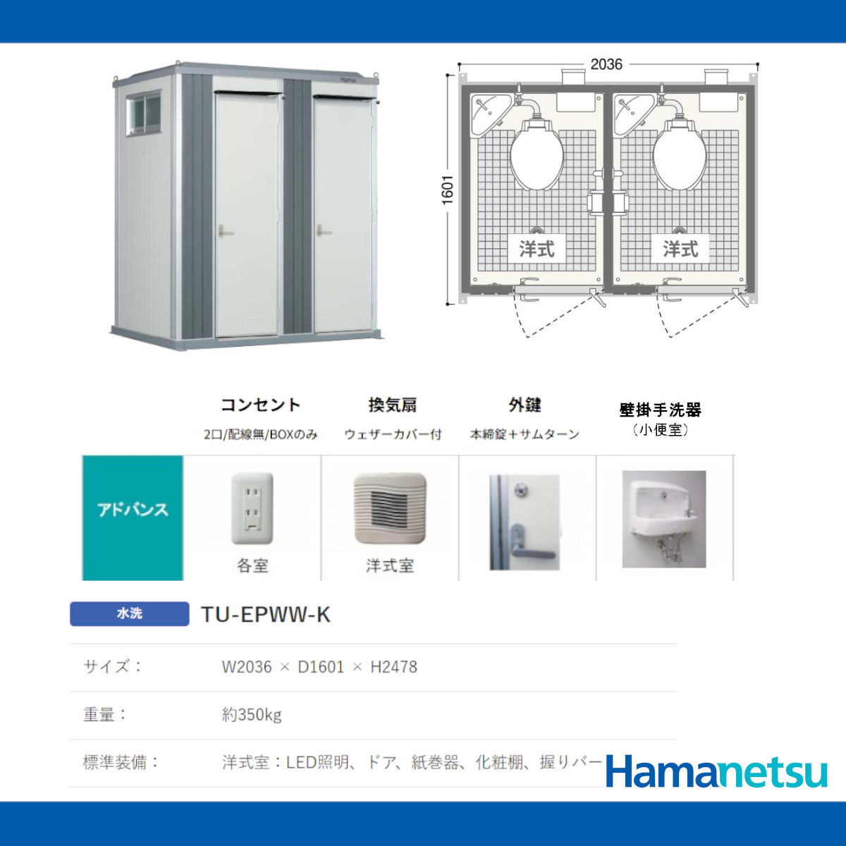 ハマネツ トイレユニット TU-EPWW-K アドバンスド エポックトイレ 水洗タイプ 2室各室入口 洋式＋洋式 仮設トイレ コンパクト 建築現場 作業所 倉庫 : 建機ランド Yahoo!店 ...