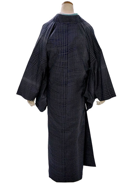 着物 雨コート 撥水加工 ネイビー 格子 幾何学 Lサイズ 仕立て上がり