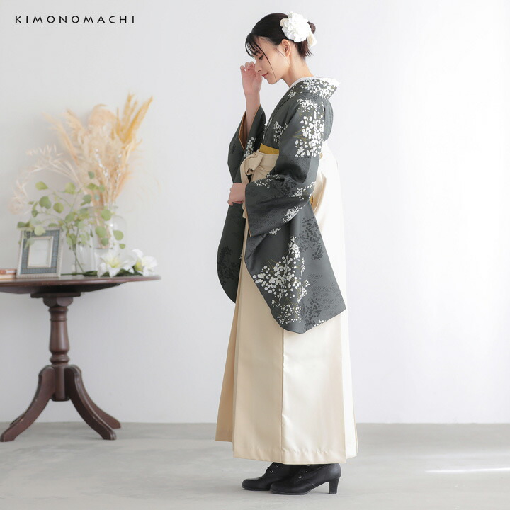 袴 セット 卒業式 女性 4点セット「二尺袖：かすみ草に青海波 墨色＋袴：オフホワイト 葡萄＋袴下帯：イエローオーカー 麻の葉＋襦袢」卒業式 女性 レディース お仕立て上がり 袴セット 二尺袖着物セット 着物 二尺着物 袴【メール便不可】 袴 セット 卒業式 女性 4点セット「二尺袖：かすみ草に青海波 墨色＋袴