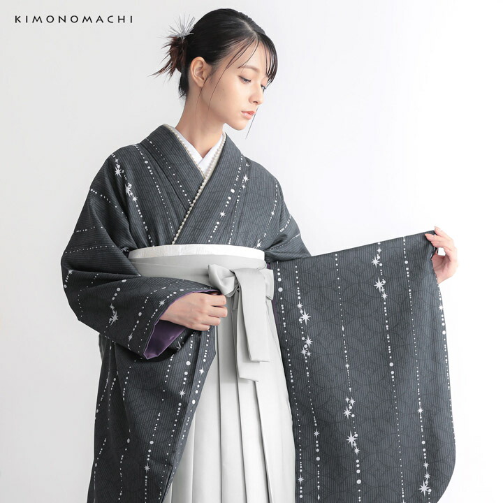 袴 セット 卒業式 女性 4点セット「二尺袖：星くずに七宝 墨黒＋袴：アイスグレー 椿＋袴下帯：白 麻の葉＋襦袢」卒業式 女性 レディース お仕立て上がり 袴セット 二尺袖着物セット 着物 二尺着物 袴【メール便不可】 袴 セット 卒業式 女性 4点セット「二尺袖：星くずに七宝 墨黒＋袴