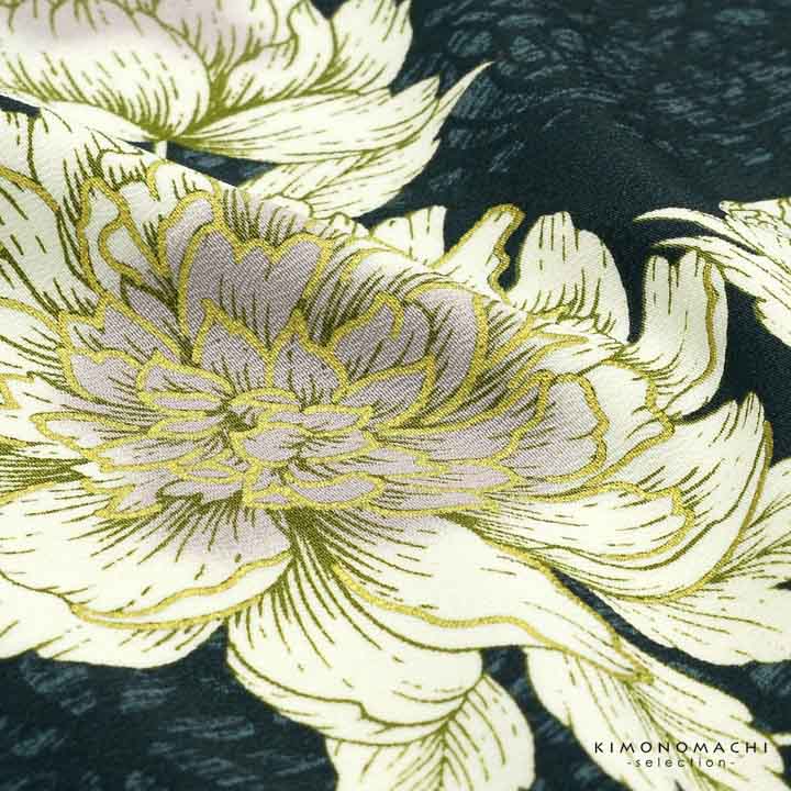 二尺袖着物 単品「牡丹 黒緑」Fサイズ 日本製 お仕立て上がり 短丈