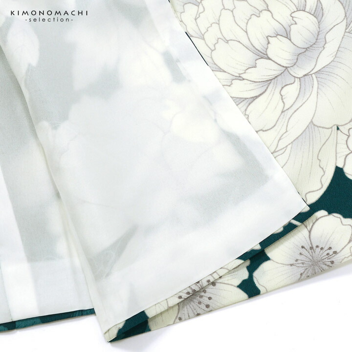 二尺袖着物 単品「牡丹に桜 深青緑」Fサイズ 日本製 お仕立て上がり 短