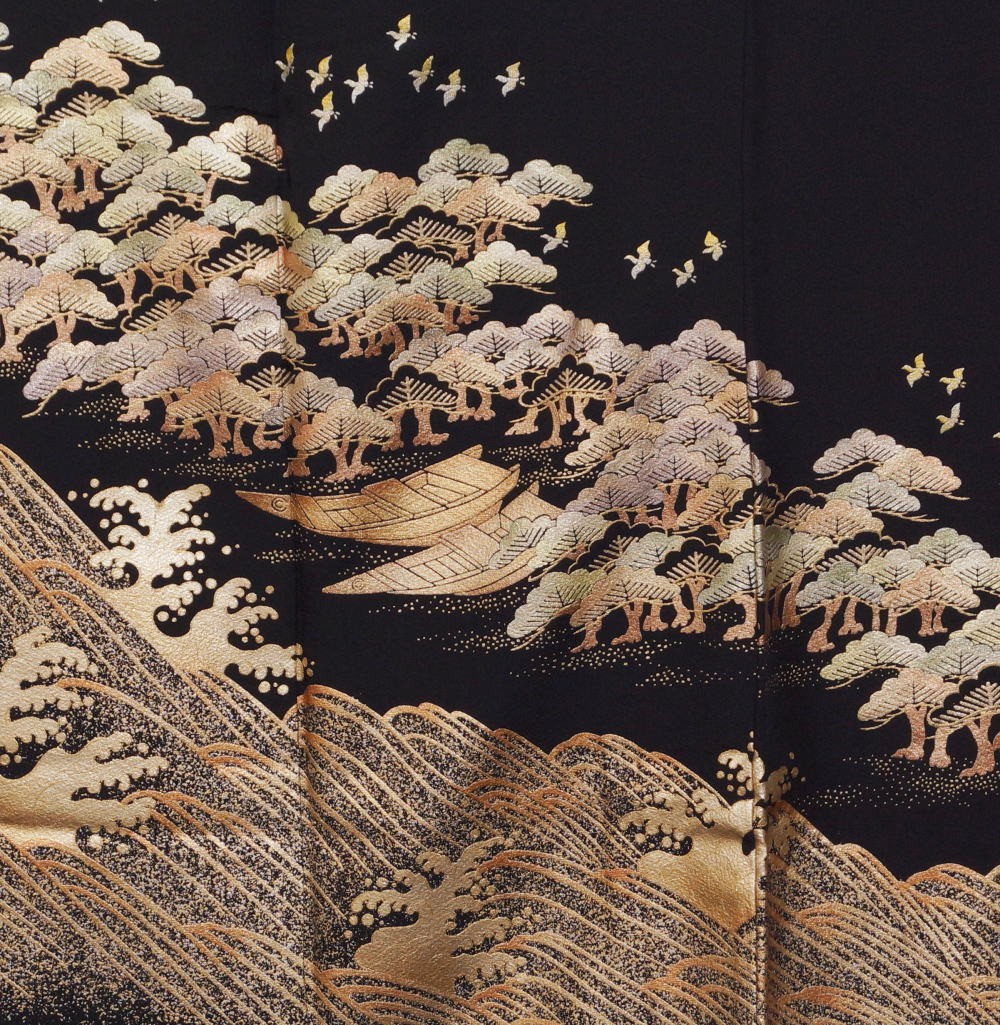 着物セット 黒留袖・袋帯 2点 セット 金彩 波頭に松、小舟模様 着物セット 黒留袖・袋帯 2点 セット 金彩 波頭に松、小舟模様