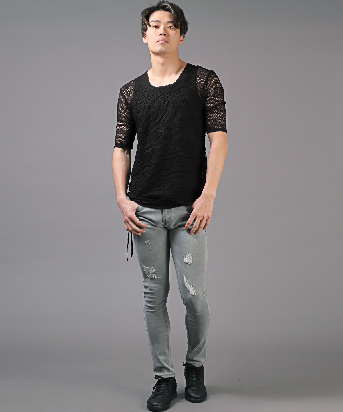 5分袖ニット タンクトップ メンズ アンサンブル 2点セット ボーダー 透かし編み サマーニット : aa-3094 : LUXSTYLE ...