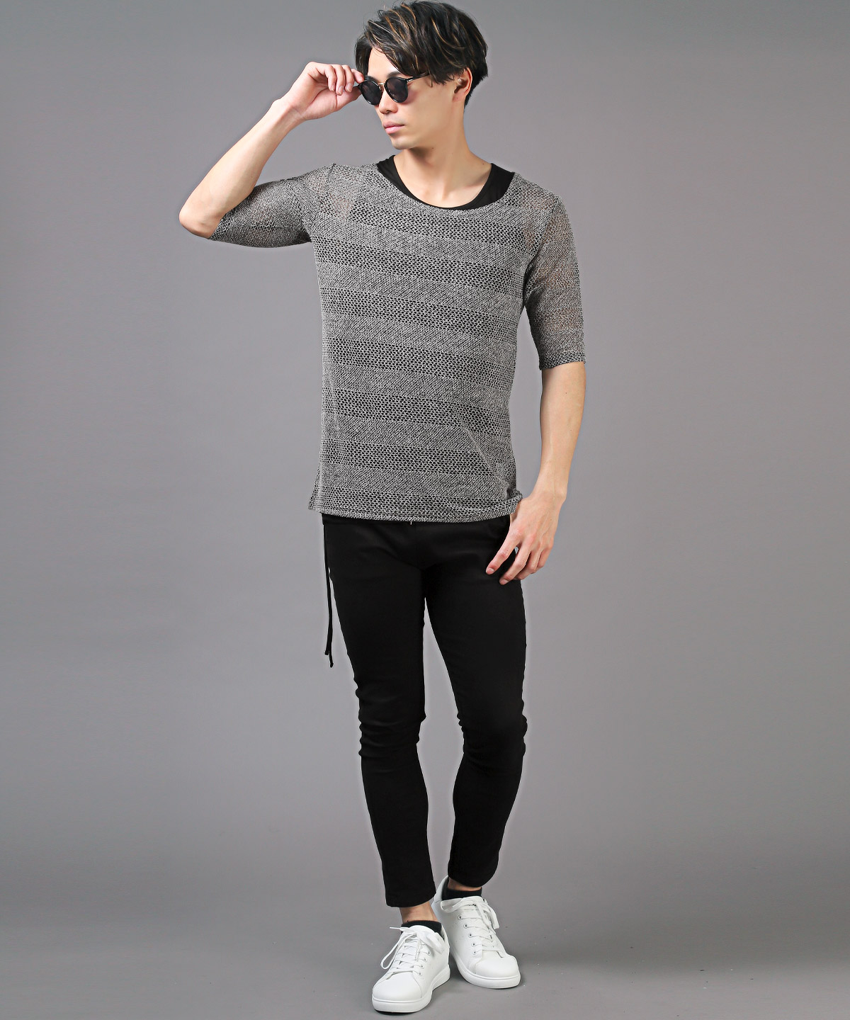 5分袖ニット タンクトップ メンズ アンサンブル 2点セット ボーダー 透かし編み サマーニット : aa-3094 : LUXSTYLE ...