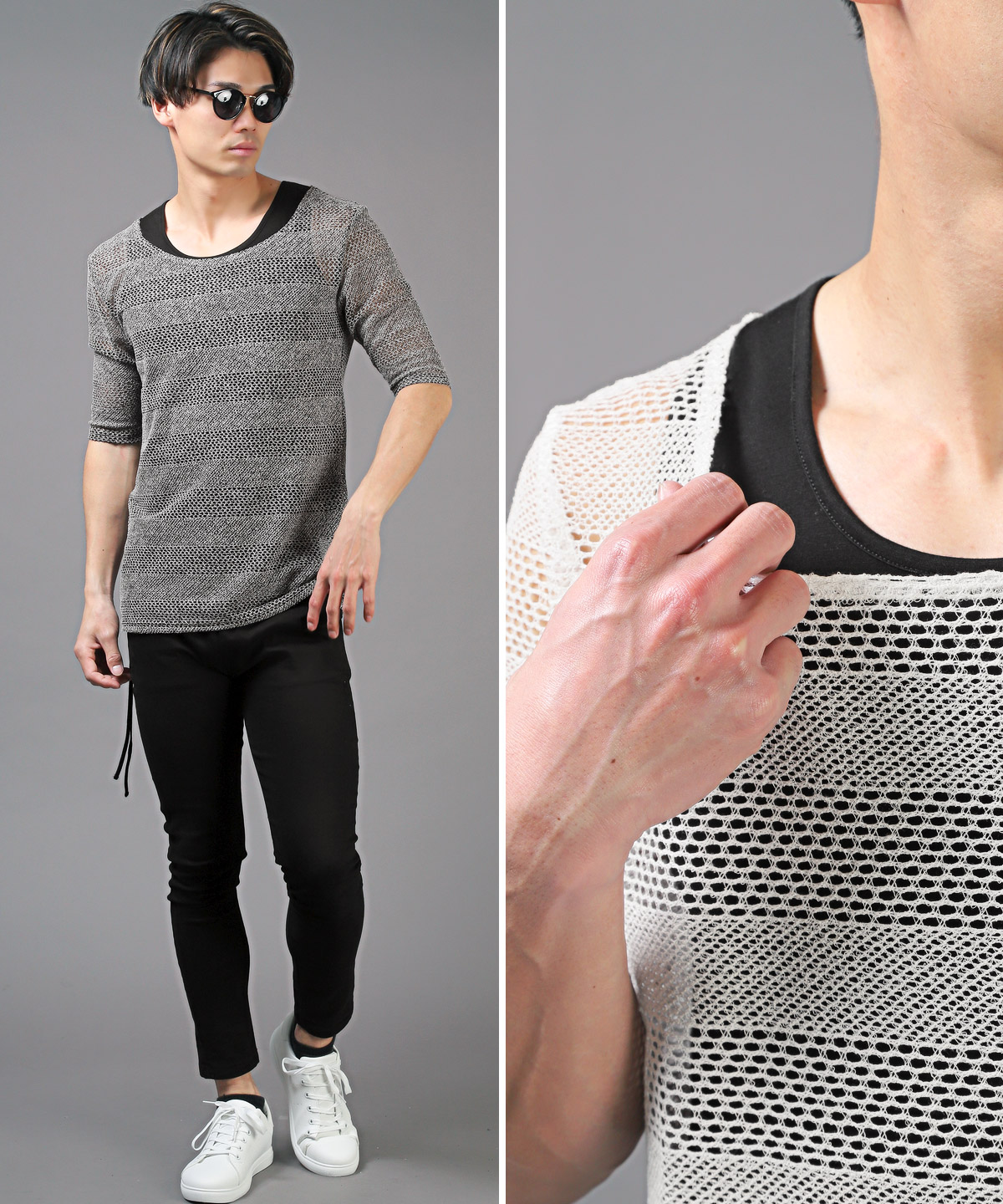 5分袖ニット タンクトップ メンズ アンサンブル 2点セット ボーダー 透かし編み サマーニット : aa-3094 : LUXSTYLE ...