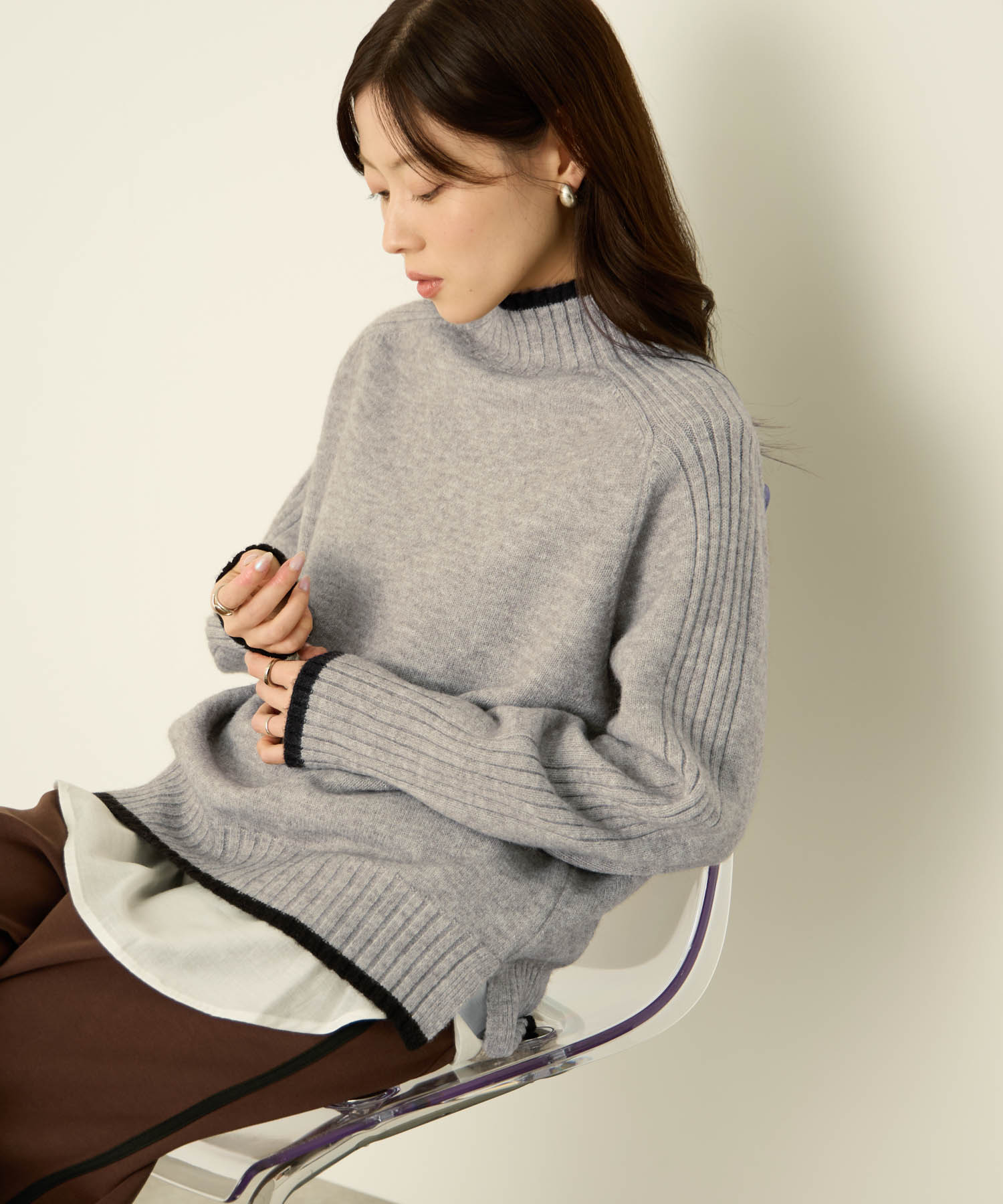 NAVY ニット セーター レディース ドロップショルダー サイドスリット