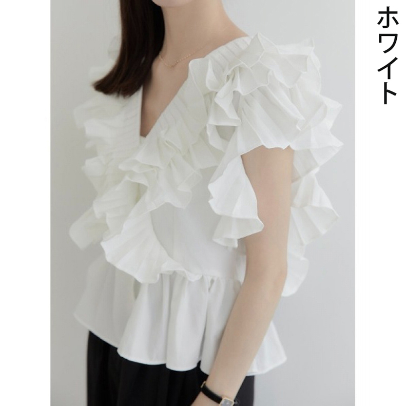 ノースリフリルブラウス透け感前後V開きトップス シャツ・ブラウス ブラック ホワイト【送料無料】 : masamasa - 通販 - Yahoo!ショッピング