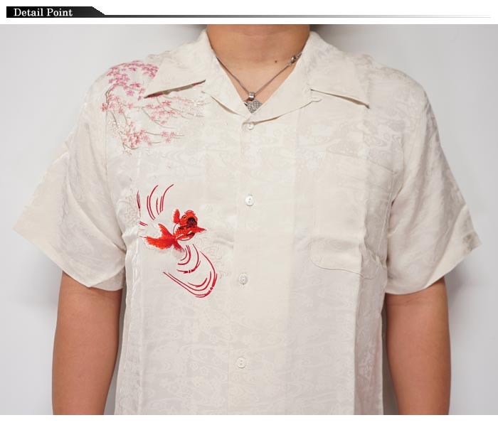 花旅楽団 ハナタビガクダン 和柄 半袖 シャツ 桜 金魚 刺繍 ジャガードシャツ SS-002 送料無料 花旅楽団 ハナタビガクダン 和柄 半袖 シャツ 桜 金魚 刺繍 ジャガード