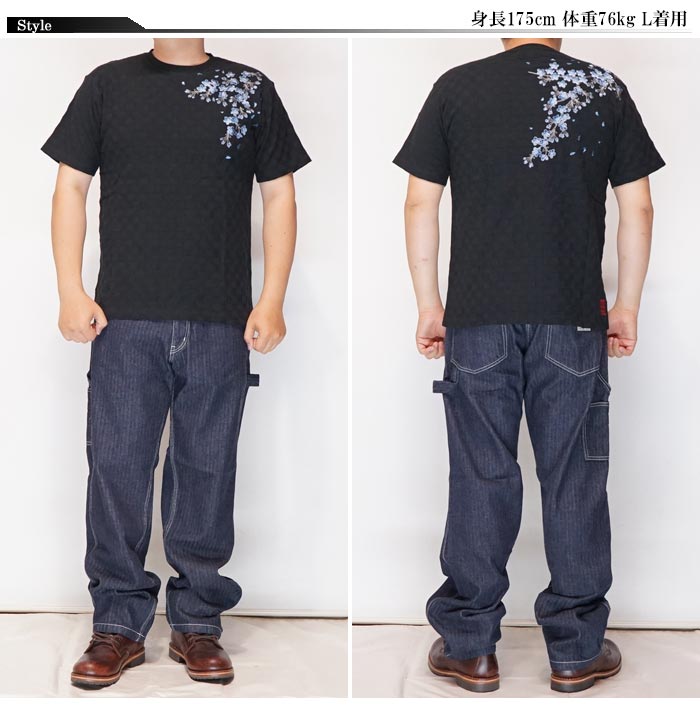 絡繰魂 カラクリダマシイ 和柄 Tシャツ メンズ 半袖 青桜 ブロック