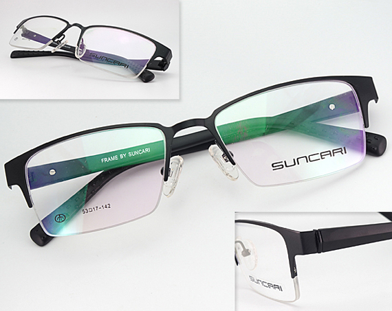 メガネ 度付 SUNCARI EYEWEAR ハーフリム Black スクエア エアロフレーム 超弾力性新素材眼鏡 送料無料 ＋ カラーレンズ ...