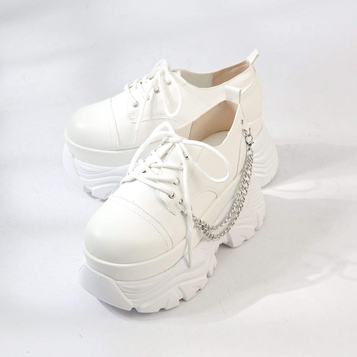 LOVEHUNTER チェーン付き厚底レースアップスニーカー レディース 9.5cmヒール ストレートチップ 合皮 No.2209 22.5-24.5cm 黒 白 ラブハンター ポイント利用 ...