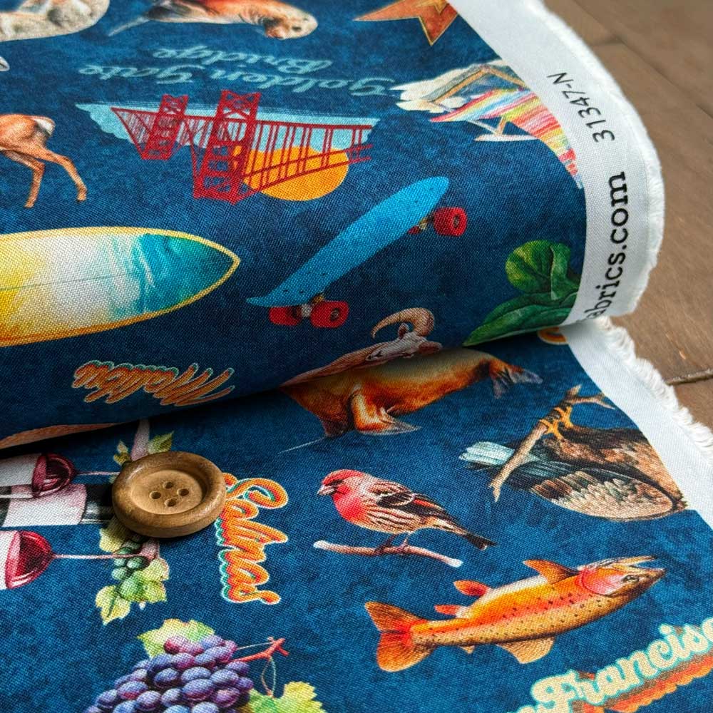USAコットン California Icons(カリフォルニアアイコン)ネイビー Dreaming by Dan Morris シーチング ...