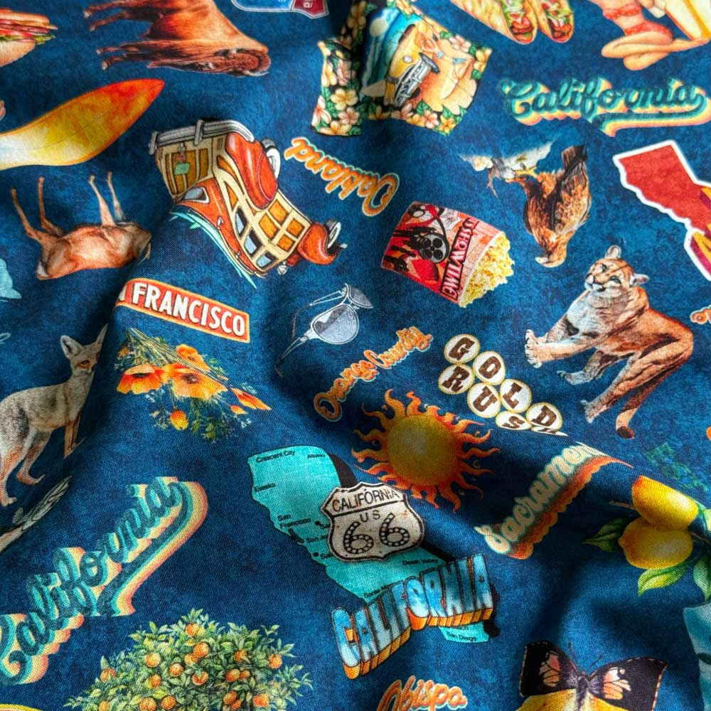 USAコットン California Icons(カリフォルニアアイコン)ネイビー Dreaming by Dan Morris シーチング ...