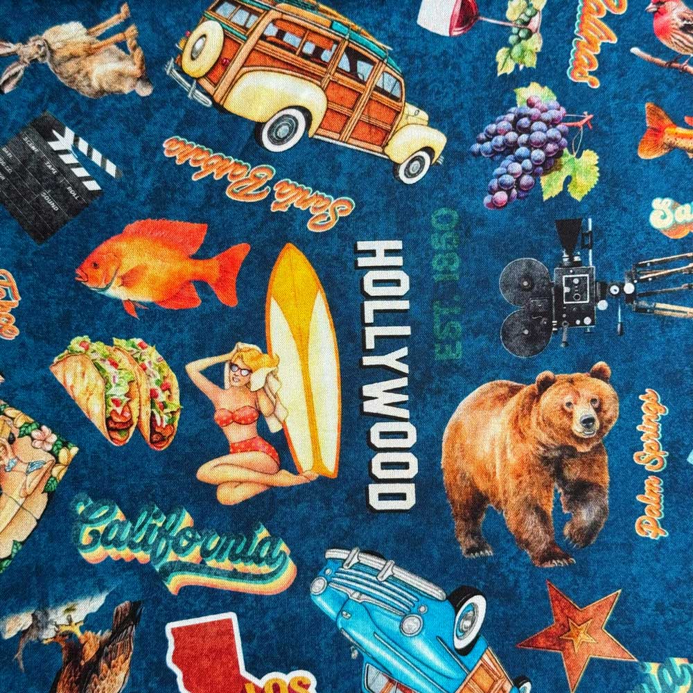 USAコットン California Icons(カリフォルニアアイコン)ネイビー Dreaming by Dan Morris シーチング ...