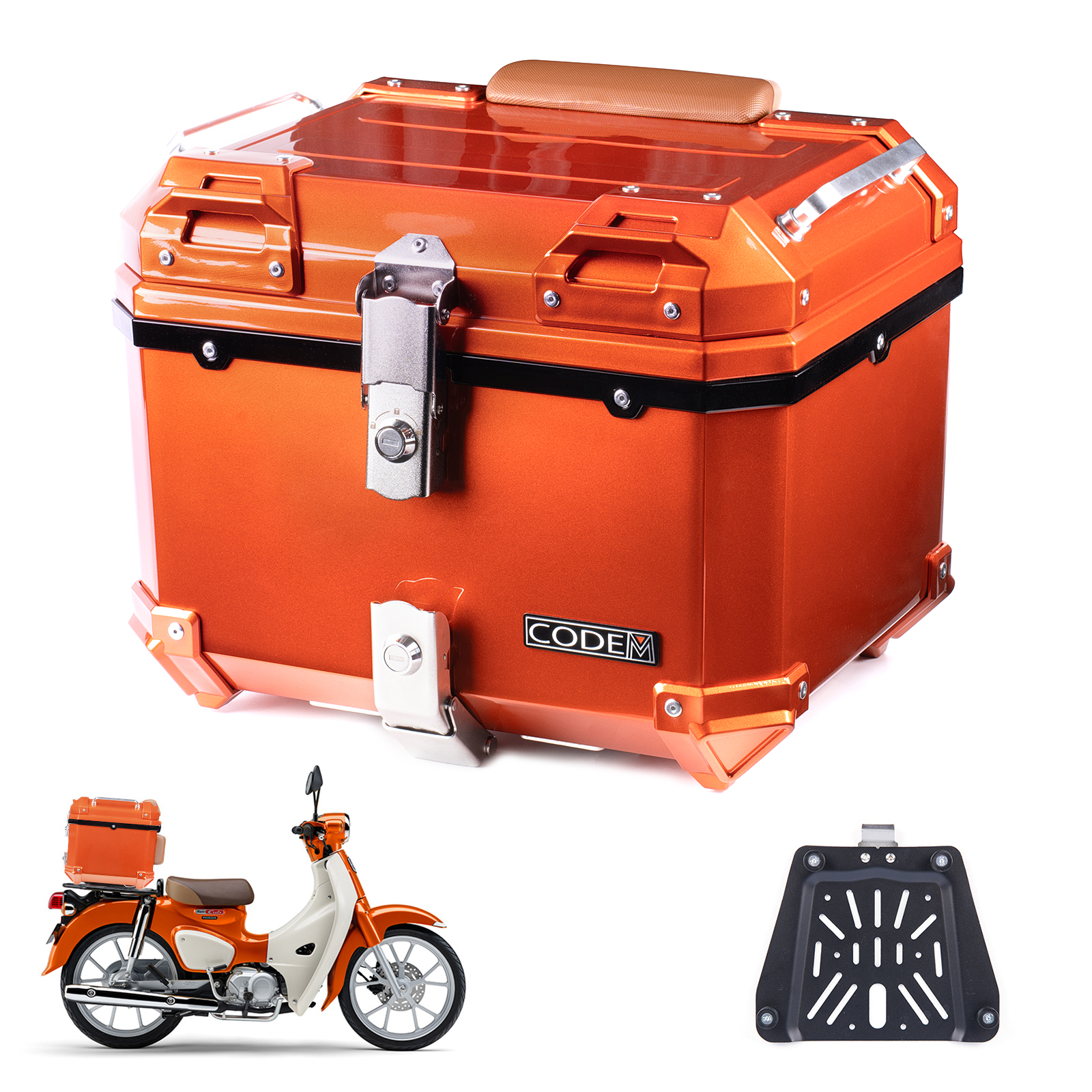 ホンダ CODEM バイク リアボックス 45L 大容量 トップケース ABS 軽量 純正同色 簡単脱着 汎用 スーパーカブ/クロスカブ/原付等 防水 防塵 バックレスト付き ...