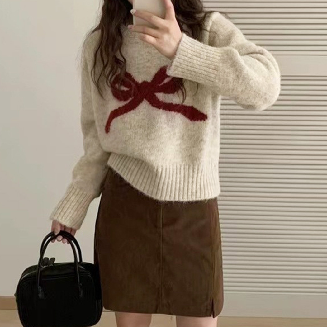 ジャガード ニット セーター レディース 長袖 トップス 防寒 暖かい きれいめ ミックスカラー バイカラー リボンモチーフ 黒 白 秋冬 ...