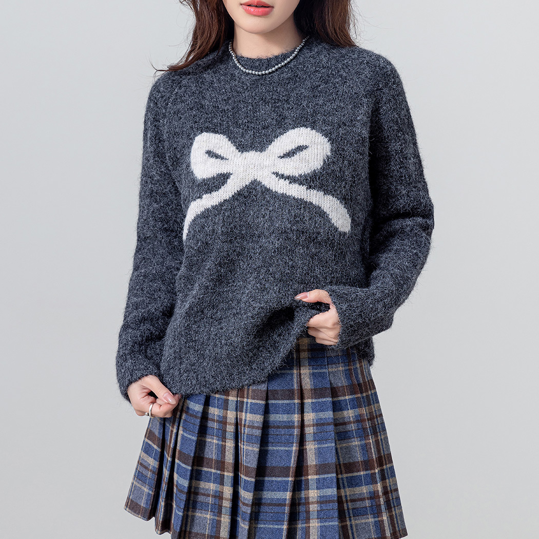 ジャガード ニット セーター レディース 長袖 トップス 防寒 暖かい きれいめ ミックスカラー バイカラー リボンモチーフ 黒 白 秋冬 ...