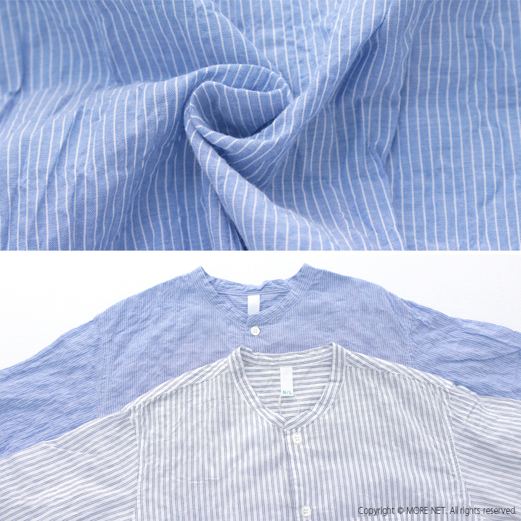 NATURAL LAUNDRY ナチュラルランドリー 先染シャーリングヤオヤシャツ 7253T-013 日本製 ストライプ バンドカラー ブラウス 6分袖 レディース 2025春夏 : モア ...