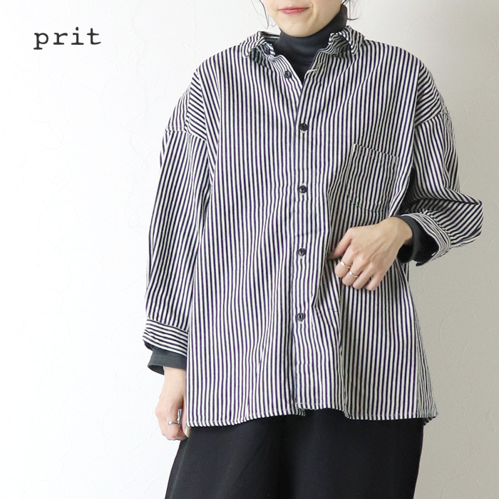 prit（プリット） prit 8ozヒッコリーデニム7分袖レギュラーカラーシャツ P81611 日本製 ストライプ ワイド レディース ...