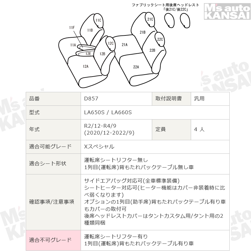 Bellezza タント [LA650S / LA660S][R2/12-R4/9]品番D857・ベレッツァ ワイルドステッチシートカバー 初回取付破損保証付き・車検も安心！難燃証明書発行可 ...