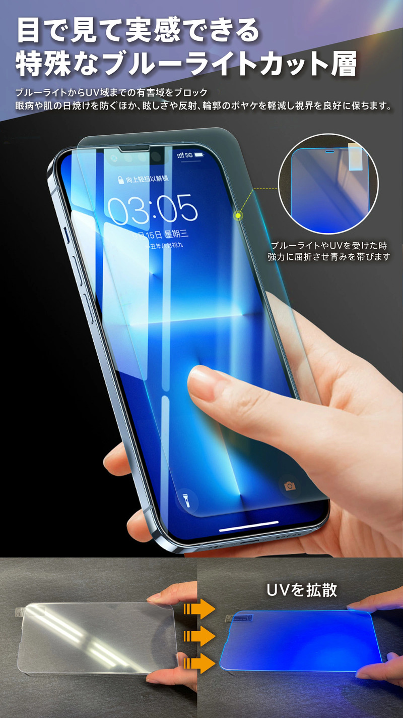 Apple 99％カット iPhone 16 e ガラスフィルム ブルーライトカット フィルム 全面保護 ブルーライト UVカット 99% ...