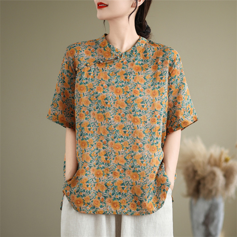 人気ブラウス レディース シャツ 半袖 春夏トップス 花柄 チェイナー風 大人可愛い 気になる腰回りをナチュラルにカバー 暑い日も締め付け感 ...