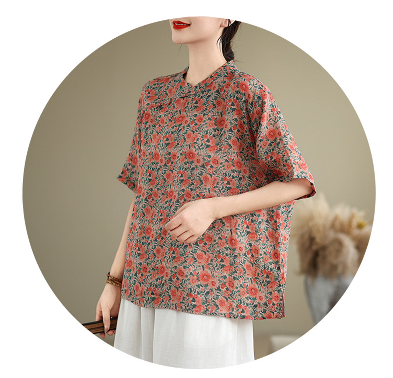 人気ブラウス レディース シャツ 半袖 春夏トップス 花柄 チェイナー風 大人可愛い 気になる腰回りをナチュラルにカバー 暑い日も締め付け感 ...