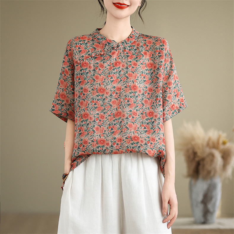 人気ブラウス レディース シャツ 半袖 春夏トップス 花柄 チェイナー風 大人可愛い 気になる腰回りをナチュラルにカバー 暑い日も締め付け感 ...