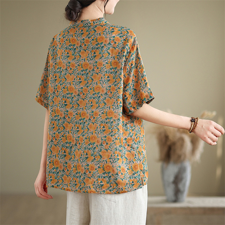 人気ブラウス レディース シャツ 半袖 春夏トップス 花柄 チェイナー風 大人可愛い 気になる腰回りをナチュラルにカバー 暑い日も締め付け感 ...