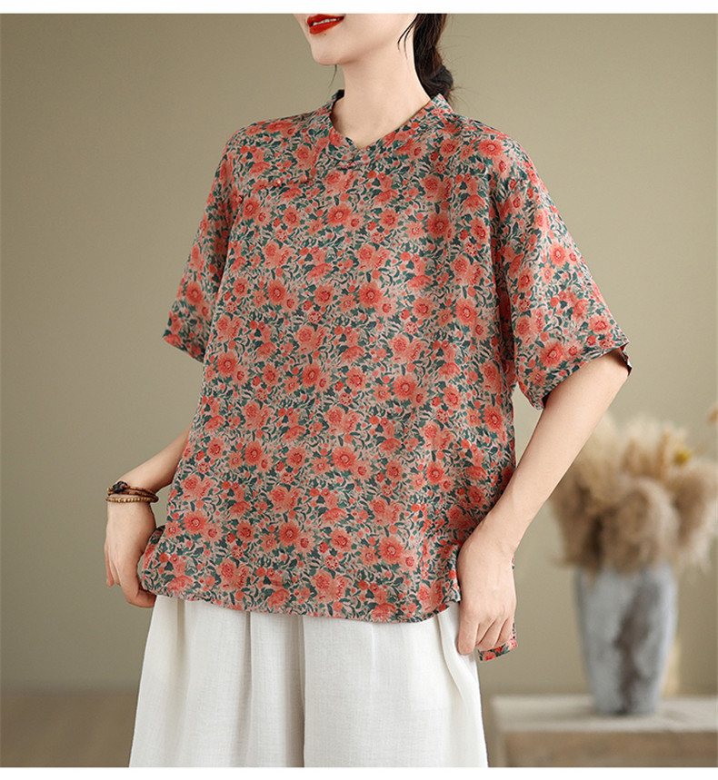 人気ブラウス レディース シャツ 半袖 春夏トップス 花柄 チェイナー風 大人可愛い 気になる腰回りをナチュラルにカバー 暑い日も締め付け感 ...
