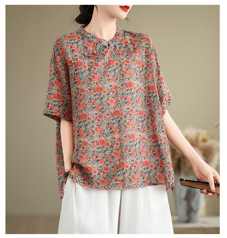 人気ブラウス レディース シャツ 半袖 春夏トップス 花柄 チェイナー風 大人可愛い 気になる腰回りをナチュラルにカバー 暑い日も締め付け感 ...
