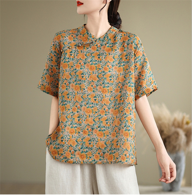 人気ブラウス レディース シャツ 半袖 春夏トップス 花柄 チェイナー風 大人可愛い 気になる腰回りをナチュラルにカバー 暑い日も締め付け感 ...