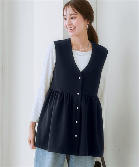 ニッセン ジレ きれいめ オフィス レディース カットソー素材 パール調ボタン ペプラム 大きいサイズ tp0 : 7days Life Styling by nissen - 通販 ...