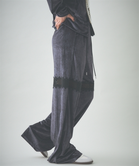 ワイドパンツ 大きいサイズ レディース レース 切り替え トラック パンツ  ゆったり 体型カバー 美脚 ボトムス ズボン M〜L/L〜LL/3L〜4L ニッセン nissen ニッセン（nissen） ワイドパンツ 大きいサイズ レディース レース