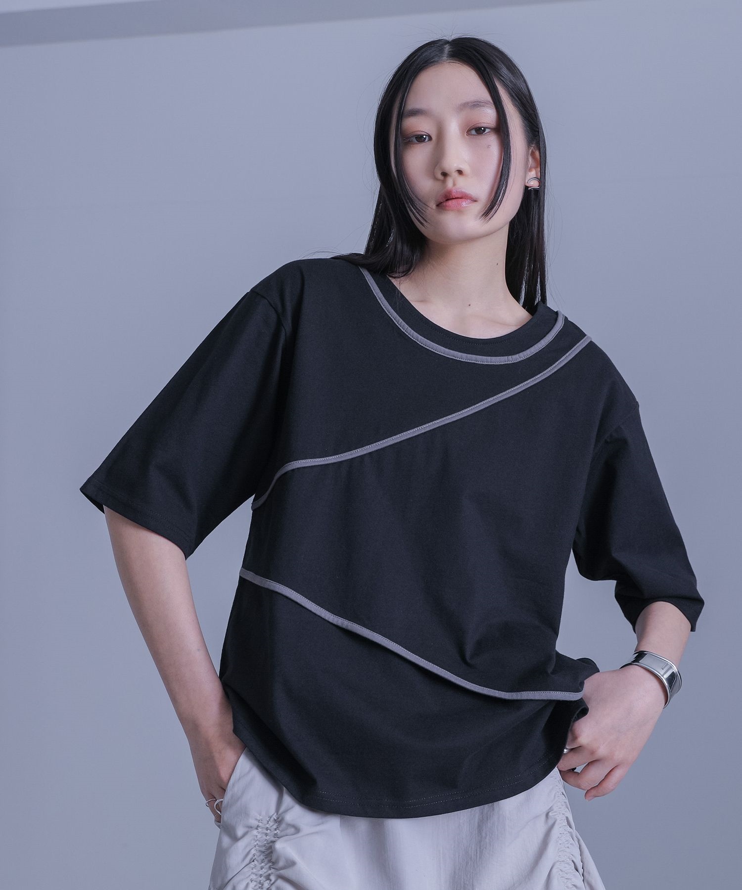 osharewalker カットソー レディース トップス Tシャツ 半袖 アシンメトリー コットン100％ 綿100％ 配色 パイピング 春 夏 体型カバー 50代「メール便可」「10 ...