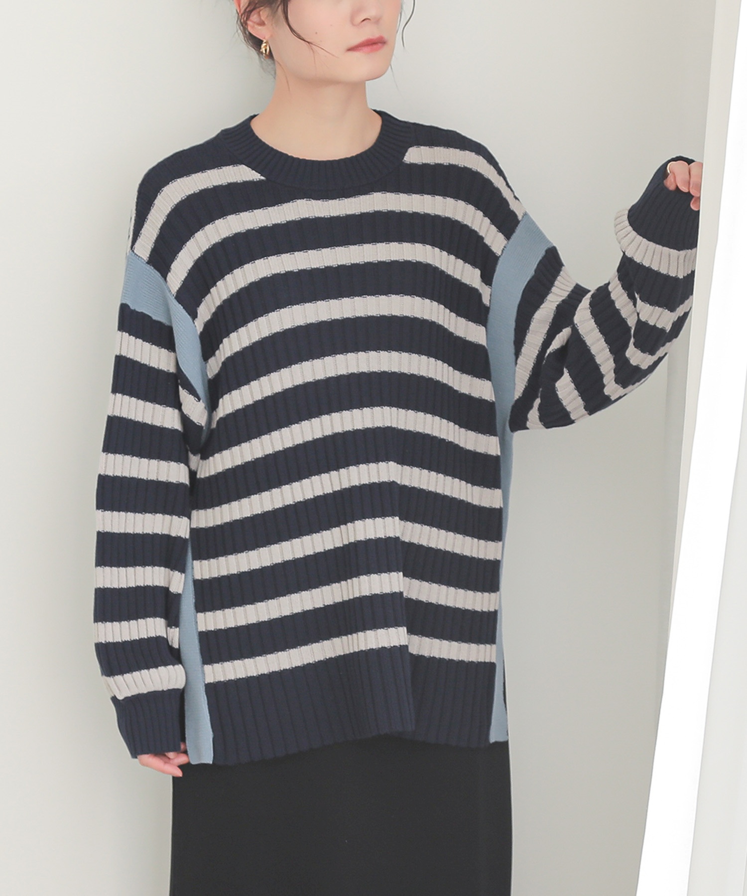 osharewalker（オシャレウォーカー） ニット レディース トップス ボーダー 長袖 サイドライン プルオーバー 配色 体型カバー お尻が隠れる 「メール便不可」「40」 : オシャレ ...