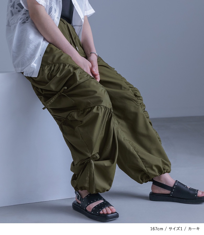 osharewalker パンツ レディース ボトムス ロング丈 ワイド ドロスト ギャザー ウエストゴム リボン 裏地付き ポケット 50代 60代 春 夏「メール便可」「10 ...