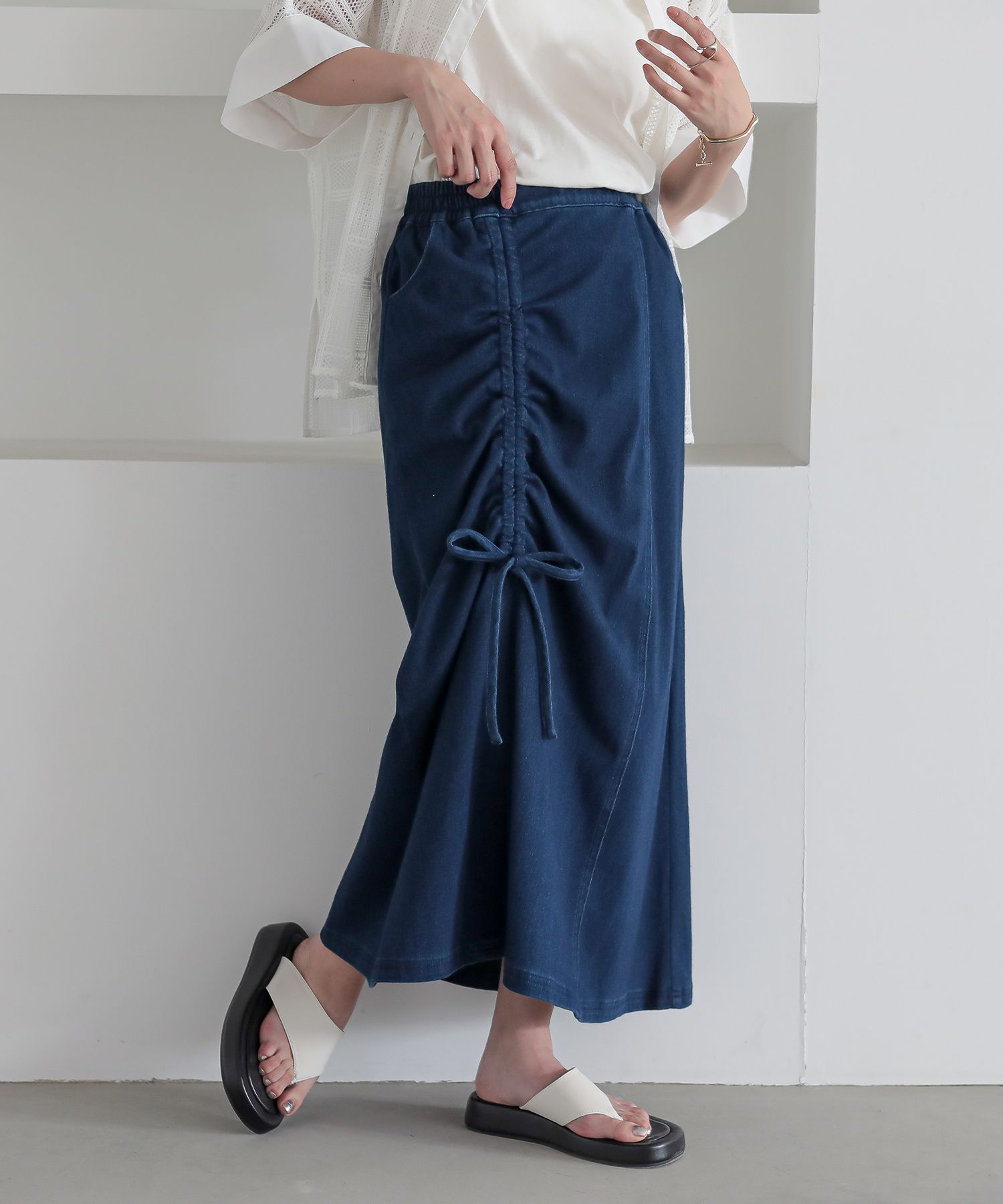 osharewalker デニムスカート ロング レディース ボトムス ナロースカート ストレッチ ドロスト アレンジ ウエストゴム 着回し 50代 春 夏 秋「メール便不可」「30 ...