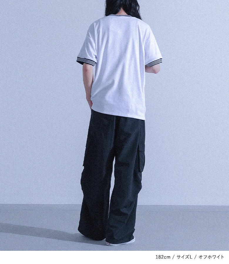 osharewalker Tシャツ メンズ トップス 半袖 五分袖 パイル生地 コットン混 セットアップ対応 配色リブ カジュアル シンプル ストリート 春 夏「メール便不可」「30 ...