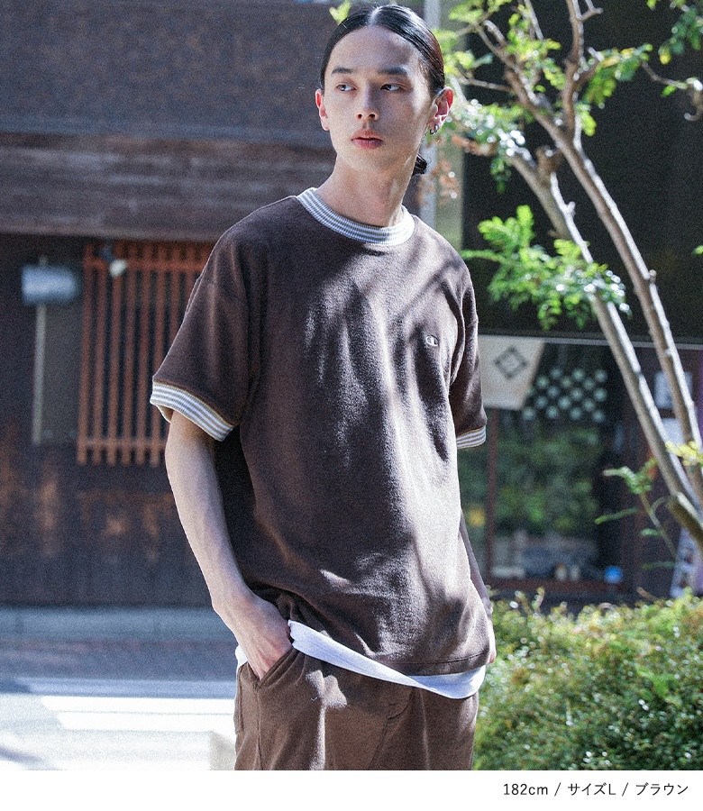 osharewalker Tシャツ メンズ トップス 半袖 五分袖 パイル生地 コットン混 セットアップ対応 配色リブ カジュアル シンプル ストリート 春 夏「メール便不可」「30 ...