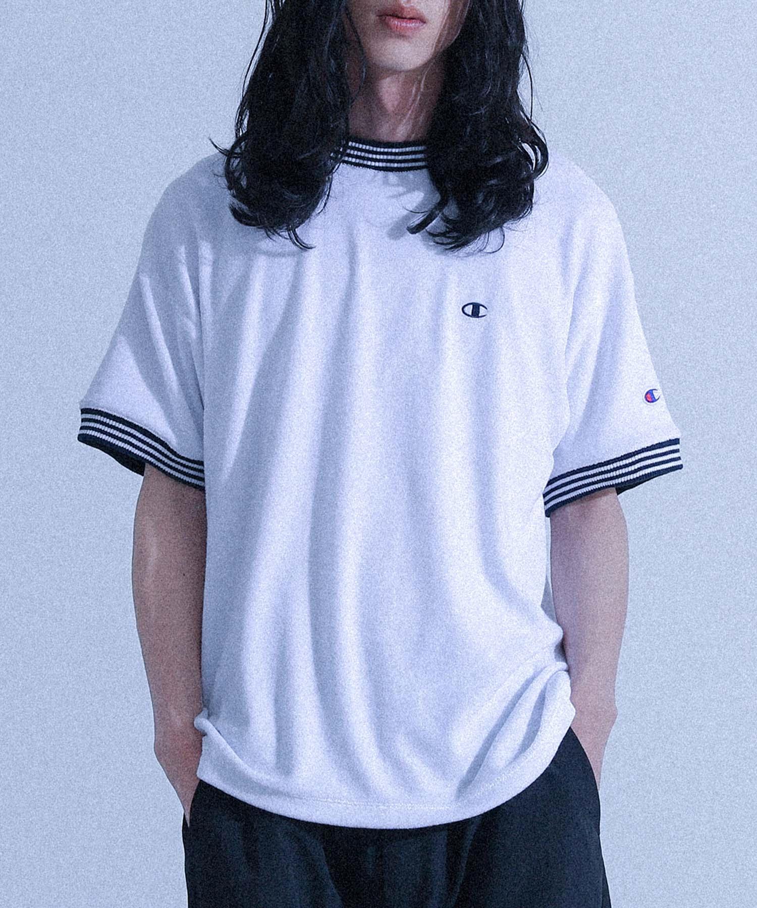 osharewalker Tシャツ メンズ トップス 半袖 五分袖 パイル生地 コットン混 セットアップ対応 配色リブ カジュアル シンプル ストリート 春 夏「メール便不可」「30 ...