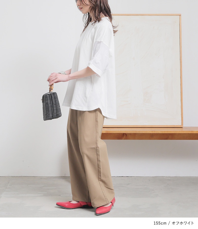 osharewalker Tシャツ カットソー 半袖 五分袖 レディース トップス 綿100％ ドット柄 刺繍 異素材 体型カバー 二の腕カバー ナチュラル おしゃれ 春 夏「メール便可 ...