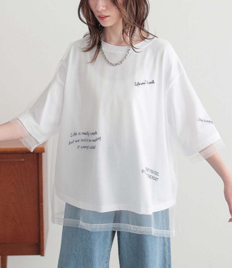 osharewalker Tシャツ レディース トップス 半袖 カットソー チュール ロゴT レイヤード 重ね着 プリント 刺繍 シアー クルーネック スリット 春 夏「メール便可」「10 ...