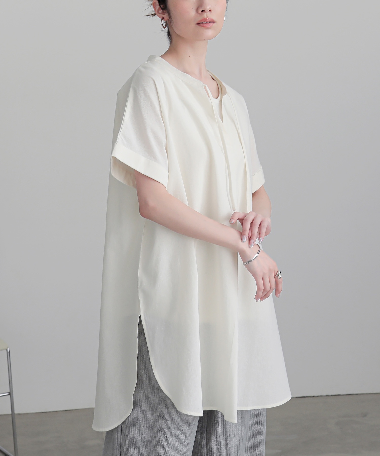 osharewalker チュニック レディース トップス 半袖 ロング丈 スキッパー シャツ プルオーバー 綿100％ 二の腕カバー お尻が隠れる 40代 50代 60代 春 夏「メール便可 ...