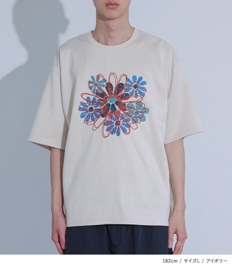 osharewalker Tシャツ 半袖 五分袖 メンズ トップス カットソー フェイクスエード 花柄 刺繍 配色 オーバーサイズ モード ストリート カジュアル 春 夏「メール便可」「10 ...