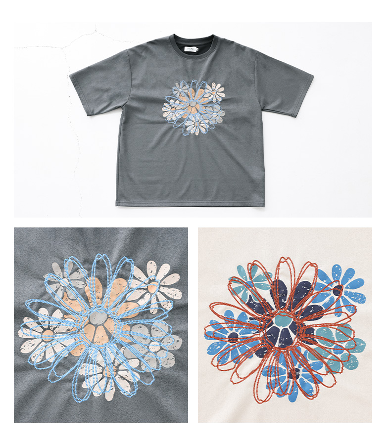 osharewalker Tシャツ 半袖 五分袖 メンズ トップス カットソー フェイクスエード 花柄 刺繍 配色 オーバーサイズ モード ストリート カジュアル 春 夏「メール便可」「10 ...